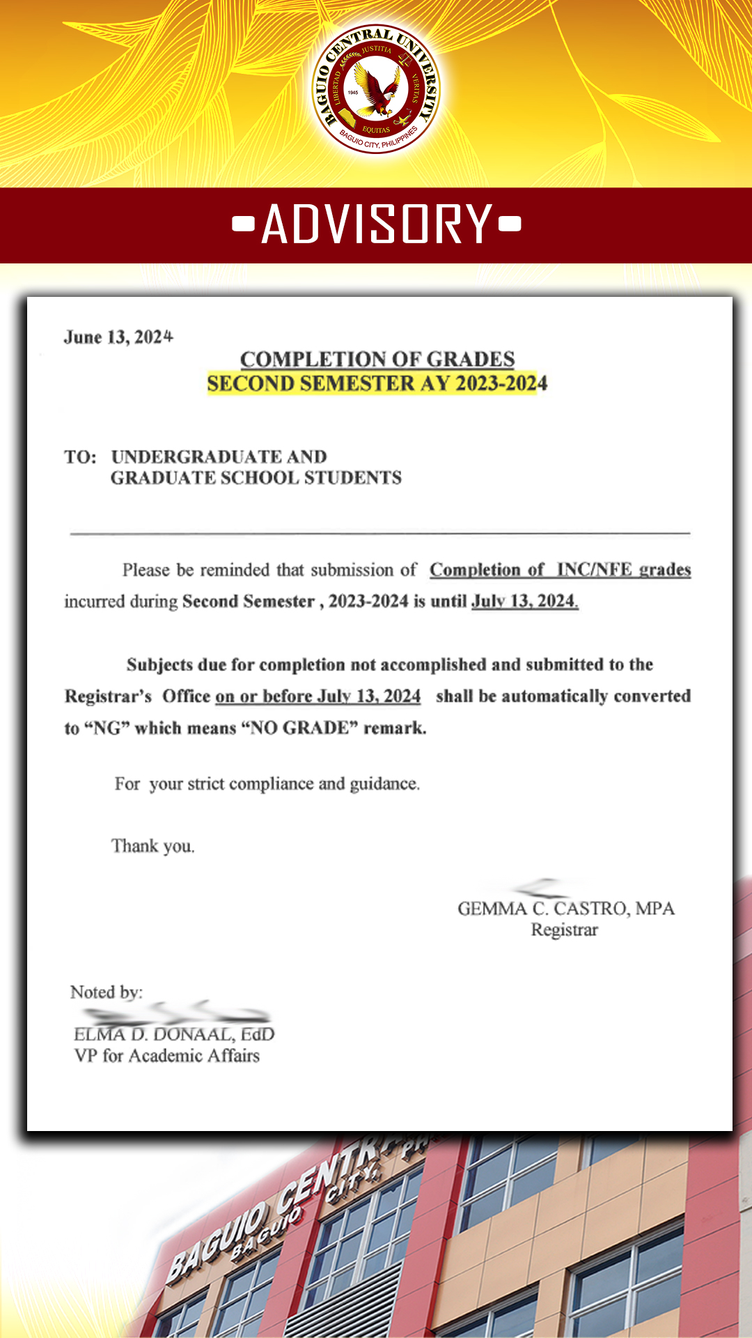 ADVISORY: COMPLETION OF GRADES, FOR UNDERGRADUATE AND GRADUATE SCHOOL ...